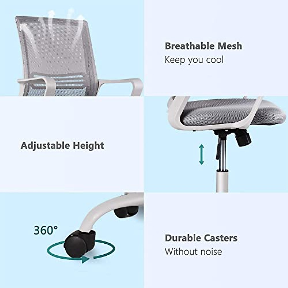 Smugdesk Ergonomic Mid Back Breathable Mesh Swivel Desk Chair with Adjustable Height and Lumbar Support Armrest for Home, Office, and Study, Gray