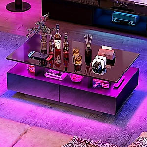 YITAHOME LED Coffee Table with Storage, High Glossy LED Coffee Tables for Living Room, Small Center Table with Open Display Shelf & Sliding Drawers, Black