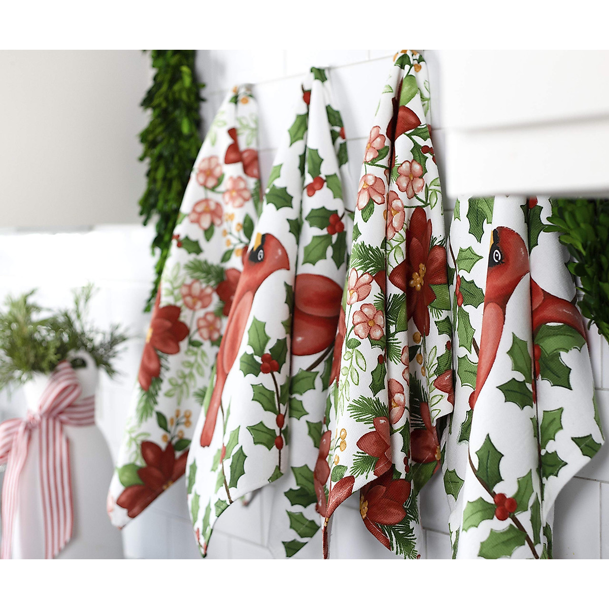 Ritz Dual Print Kitchen Towels, Watercolor Christmas Set, Great Christmas Gift, 100% Cotton, Highly Absorbent, Machine Washable, 4 Pack