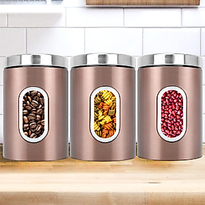 JENNIMER Kitchen Canisters Set of 3,Stainless Steel with Transparent Windows for Sugar Food Tea Coffee Candy Storage (Champaign Gold)