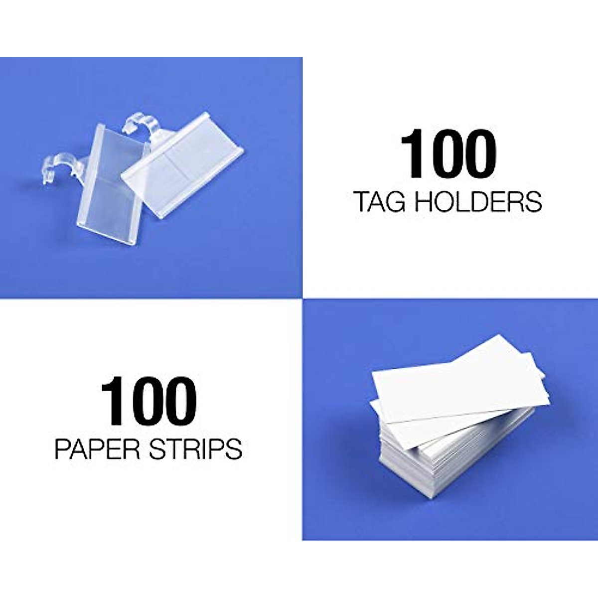 Pack of 100 – Plastic Wire Shelf Label Holder, Sign and Ticket Holder, Easy Clip Design with Tight Snap Lock Closure. Height, 1-1/4" X Width, 3" | 100 Label Inserts Included