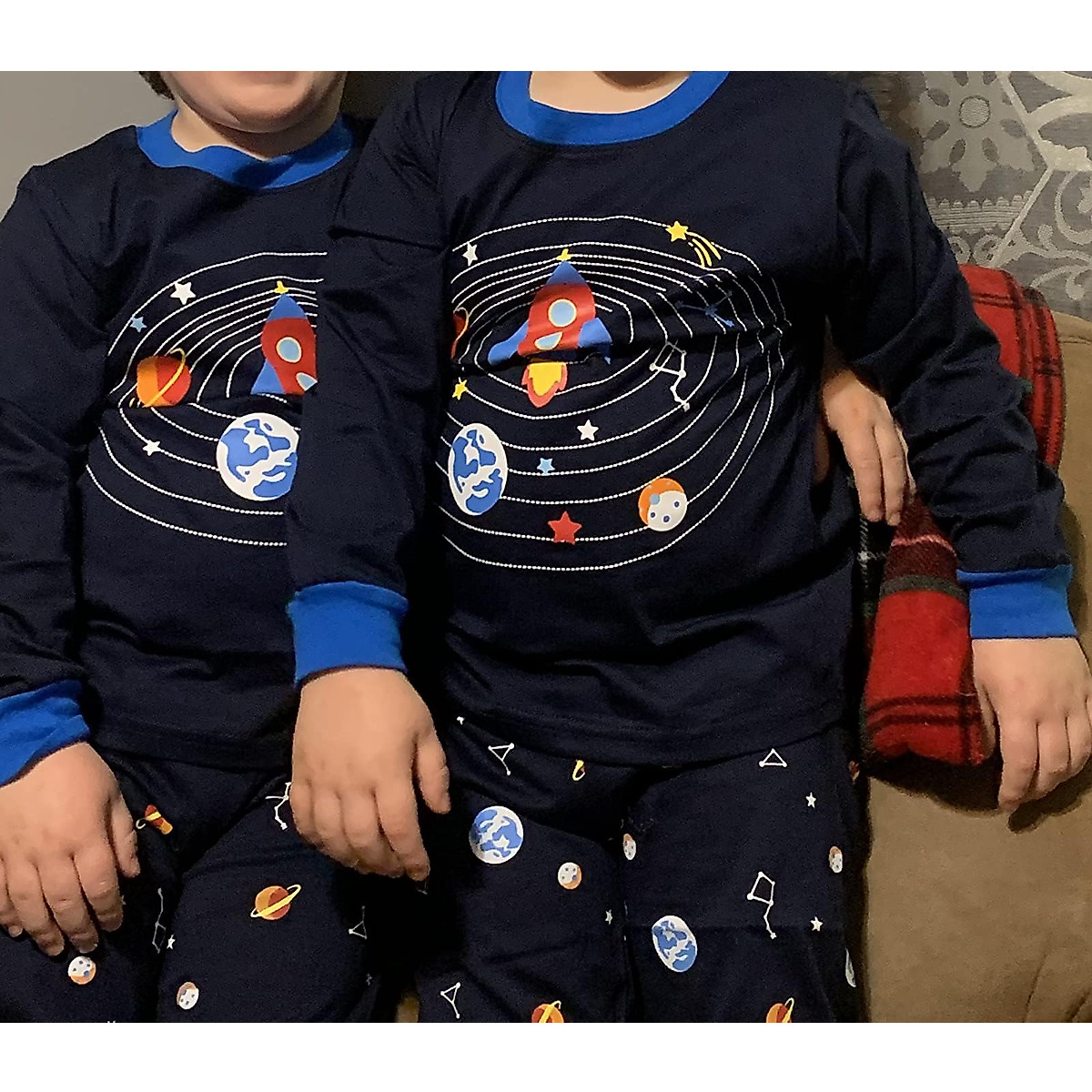 Popshion Little Boys Long Sleeve Pajamas for Boys 100% Cotton Toddler Space Rocket Sleepwear Clothes Set(Planet-6229 6T)