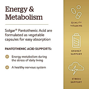 Solgar Pantothenic Acid 550 mg, 100 Vegetable Capsules - Vitamin B5 - Energy Metabolism, Nervous System Support - Gluten Free, Dairy Free, Kosher - 100 Servings