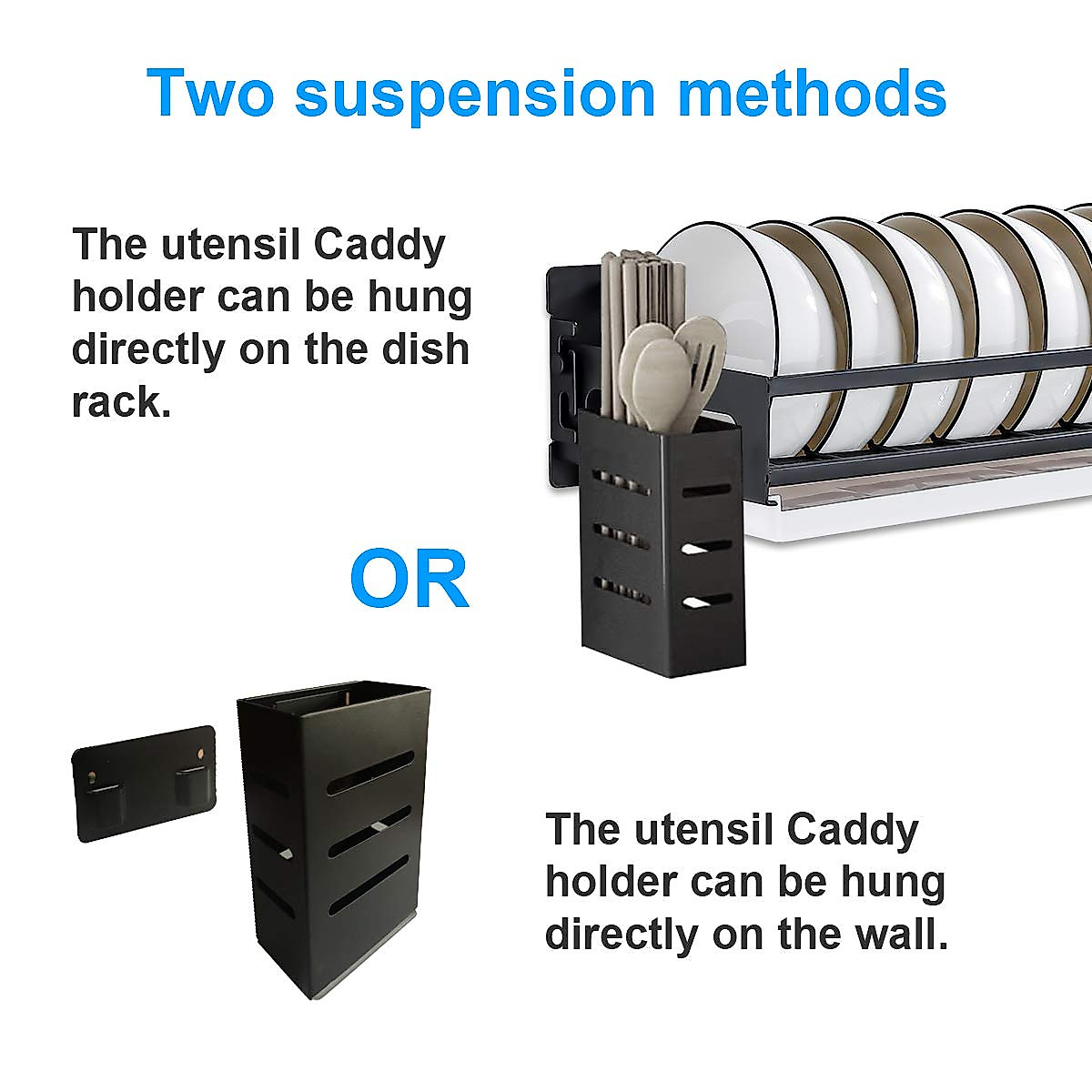 Dish Drying Rack, Detachable 304 Stainless Steel Wall Mount Dish Rack and drainboard Set,2 Tier Hanging Dish Rack with 6 Hooks and 1 Utensil Caddy(Black)