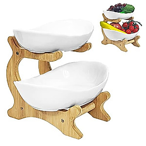 PROLEE 3 Tier/2 Tier Ceramic Fruit Bowl with Bamboo Wood Stand, Large Fruit Basket for Kitchen, Ceramic Serving Tray Set for Sushi, Dessert, Fruit,Cake, Candy (2 Tier)