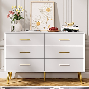 LYNSOM White Dresser for Bedroom, 6 Drawer Wood Double Dresser with Gold Handles, Modern Wide Chest of Organizer Storage Drawers for Living Room, Hallway, Entryway
