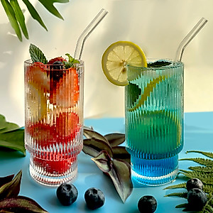 FINFINLIFE Ribbed Kitchen Glassware - 12oz Ribbed Glasses with Straws & Rose Ice Mold, Ideal for Home Entertaining & Cocktail Enthusiasts, Versatile for Iced Tea, Fruit Juice, Smoothies