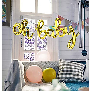 Envizins 16" Gold OH Baby Script Foil Balloons, for Baby Shower Decorations, Girl Gender Reveal, Straw and 32' Roll Ribbon Included