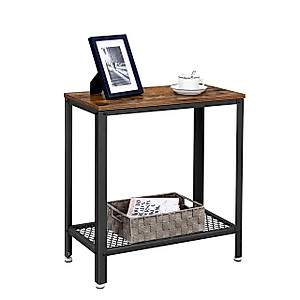 VASAGLE 2-Tier Narrow Side End Table for Couch, Rustic Sofa Printer Table with Mesh Shelf for Bedroom, Fish Tank Stand for Home, Office, Rustic Brown and Black