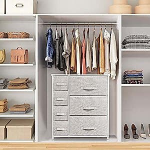 CONNOO 7 Drawer Dresser Storage Tower, 4-Tier Vertical Organizer Unit Chest for Bedroom, Hallway, Entryway, Closet, Nursery, Sturdy Steel Frame, Wooden Top, Easy Pull Fabric Bins, Gray/White