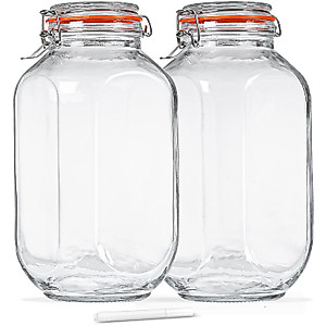 1 Gallon Square Glass Storage Jars with Airtight Lids, 2 Pack Large Glass Pickle Jars for Fermenting, Clear Glass Canister for Flour, Cookie, Candy, Kombucha, Sun tea(Extra Label, Pen and Gasket)