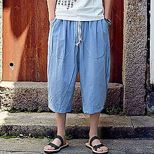 hhaappyy Men's Baggy Linen Capri Pants, Casual Solid Color Loose Elastic Waist Drawstring Harem Yoga Long Shorts with Pockets