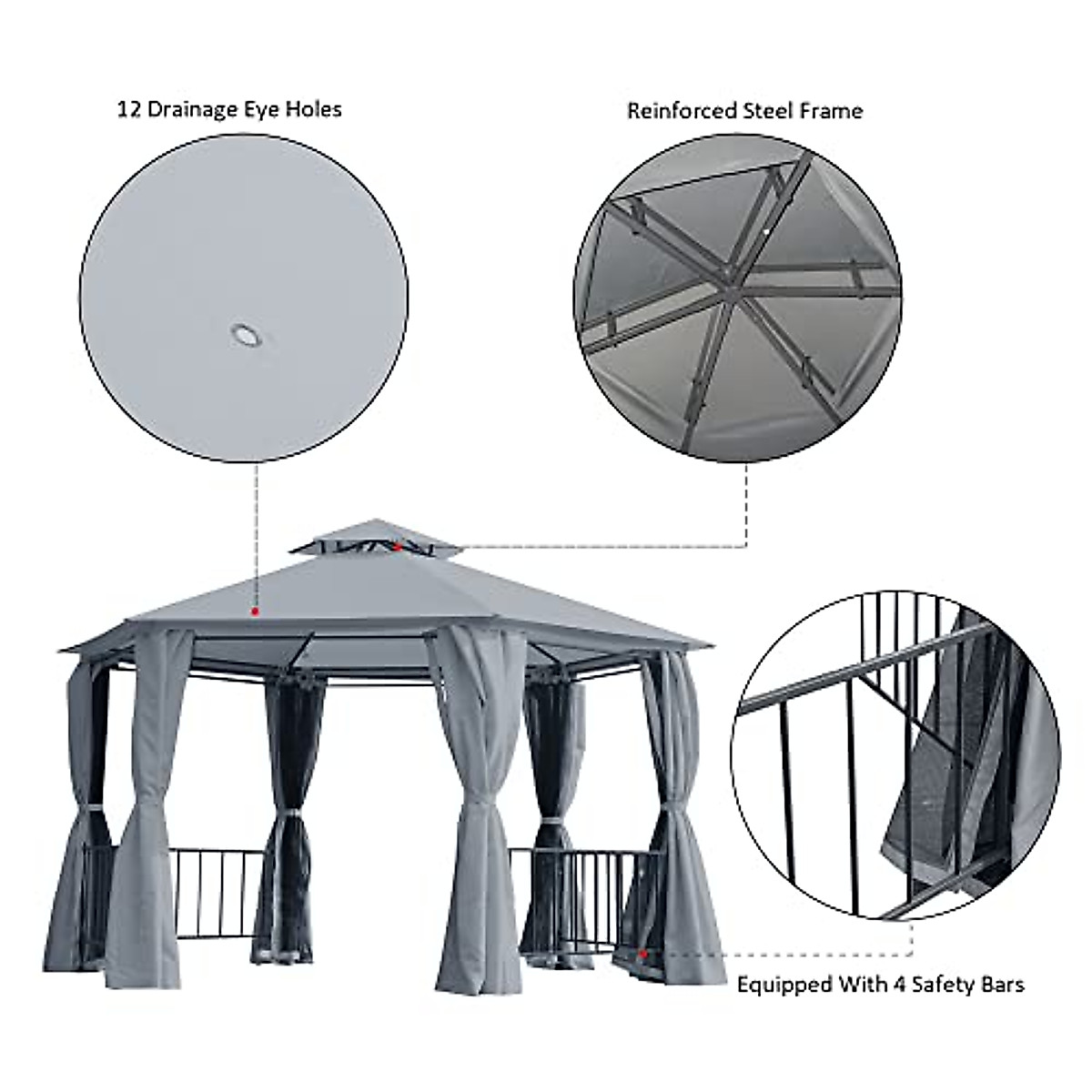 Outsunny 13' x 13' Patio Gazebo, Double Roof Hexagon Outdoor Gazebo Canopy Shelter w/with Netting & Curtains, Solid Steel Frame for Garden, Lawn, Backyard and Deck, Grey