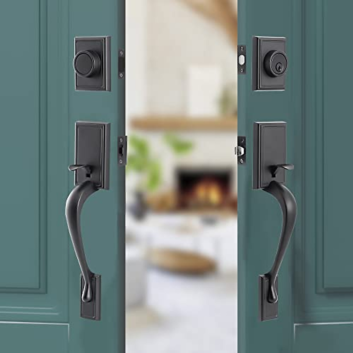 GUA OYH Double Front Door Handle Matte Black Double Door Lock Keyed Dummy Door Lock Set with Handle Lever for Front Door or Office Door (L361516-B-S118)
