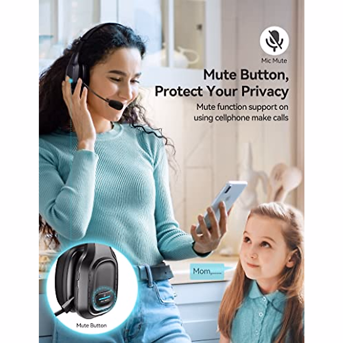 TECKNET Bluetooth Headset with Microphone for PC, Trucker Bluetooth Headset with AI Noise Cancelling & Mute Button, Wireless Headset with Mic for Computer Work from Home Office Call Center Zoom Skype