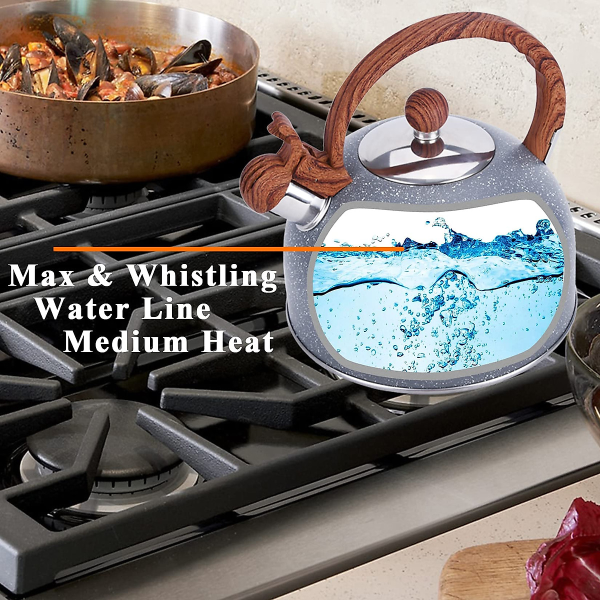 Foedo Tea Kettle for Stove Top, 102 OZ / 3 Liter Tea Pots for Stove Top, Whistling Tea Kettle Food Grade Stainless Steel with Wood Pattern Handle for Tea, Coffee, Milk（Grey）