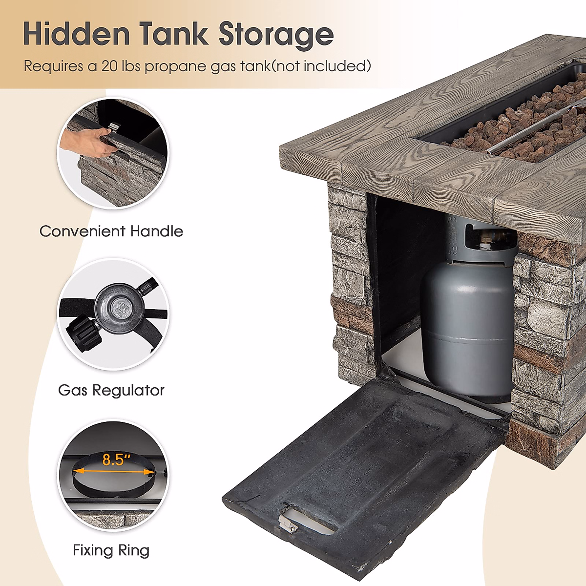 Tangkula 50,000 BTU Propane Fire Pit Table, Patiojoy 43.5 Inch Rectangle Fire Table with Faux Stone Surface, Outdoor Gas Fire Pit Table with Stainless Steel Burner, Waterproof PVC Cover, Lava Rocks