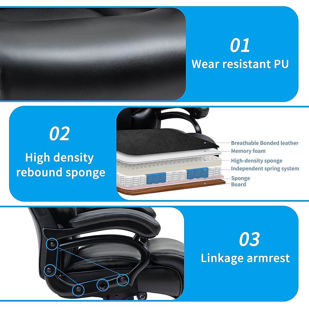 KJZ Big and Tall Office Chair, 400lb Office Chair, Heavy Duty Ergonomic Computer Desk Chair, Executive Leather Chair, Adjustable Lumbar Support 360 Swivel Task Chair