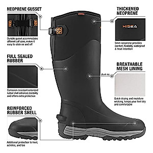 HISEA Rubber Rain Boots for Men, Waterproof Insulated Neoprene Hunting Boots, Durable Anti-Slip Outdoor Mud Boots for Hunting Gardening Farming Fishing Yard Working, Adjustable Calf, Size 6 Black