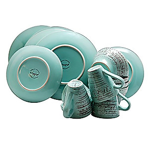 Elama Embossed Stoneware Ocean Dinnerware Dish Set, 16 Piece, Turquoise