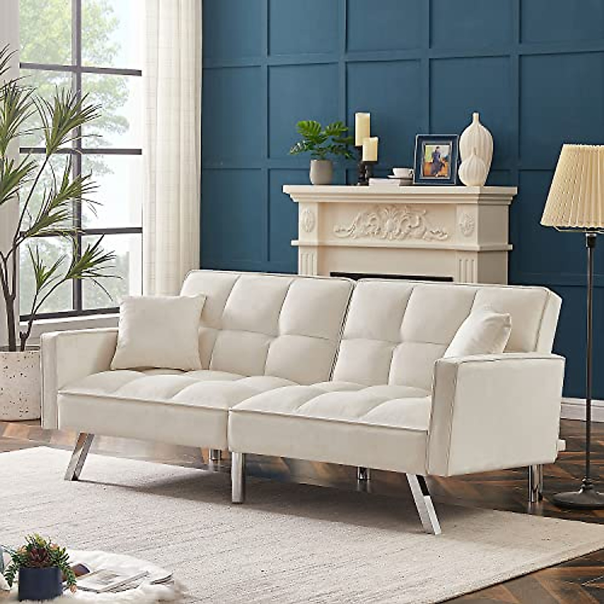 hansones Futon Sofa Bed,Loveseat Folding Daybed，Modern Velvet Fabric Convertible Folding Lounge Couch withwith Arm 2 Pillows Split for Small Space, Home, Living Room (Cream White)