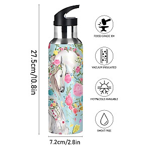 OREZI Horse And Flower Water Bottle Thermos with Straw Lid for Boys Girls,600 ml,Leakproof Stainless-Steel Sports Bottle for Women Men Teenage