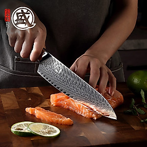 MITSUMOTO SAKARI 8.5 inch Japanese Damascus Chef Knife, Professional Hand-Forged VG-10 Damascus Santoku Knife, Ultra Sharp Meat Sushi Cleaver Kitchen Knife (Nanmu Knife Handle & Sandalwood Box)