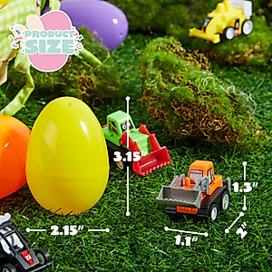 JOYIN 12 Pcs Filled Easter Eggs with Toy Cars, Colorful Prefilled Pull Back Construction Vehicle and Race Car for Kids Boys Hunt, Basket Stuffers, Party Favors