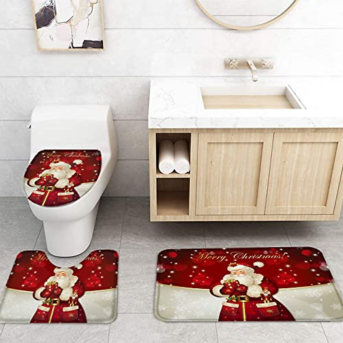 Perdecor Shower Curtain and Rugs Set for Bathroom, Santa Claus Waterproof with 12 Hooks, Non-Skip, 20211022-PER-GYT001SHZF03738MDPAPED, Wine Red, 36Inx72In+18Inx30In+14Inx18In+15Inx18In