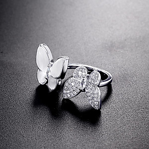 U/B Double Butterfly Rings for Women Natural Opal Ring Ladies Fashion Hand Jewelry AAA Cubic Zirconia Adjustable Ring (Silver)