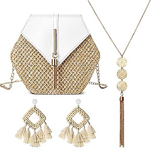 3 Pcs Women's Crossbody Straw Bag Straw Shoulder Bag Bohemia Rattan Tassel Earrings Pendant Tassel Long Hollowed Out Necklace (White)