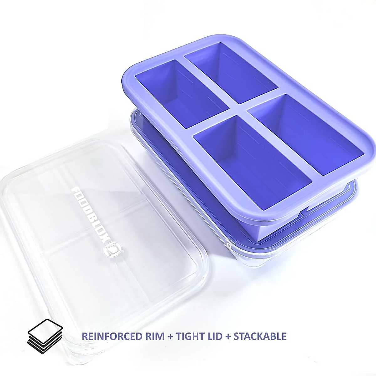 FOODBLOX by TWO2s 2 pk Silicone Freezer Molds with Lid. 3 & 4 Cavity Silicone Container. For Food Storage Cubes, Soup Cubes, Freezer Meal Containers, Silicone Baby Food Freezer Storage Tray
