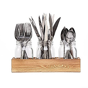 CB Accessories Mason Jar Glass Utensil Holder Flatware Caddy Silverware Organizer for Spoons, Knives and Forks with Rustic Wood Tray