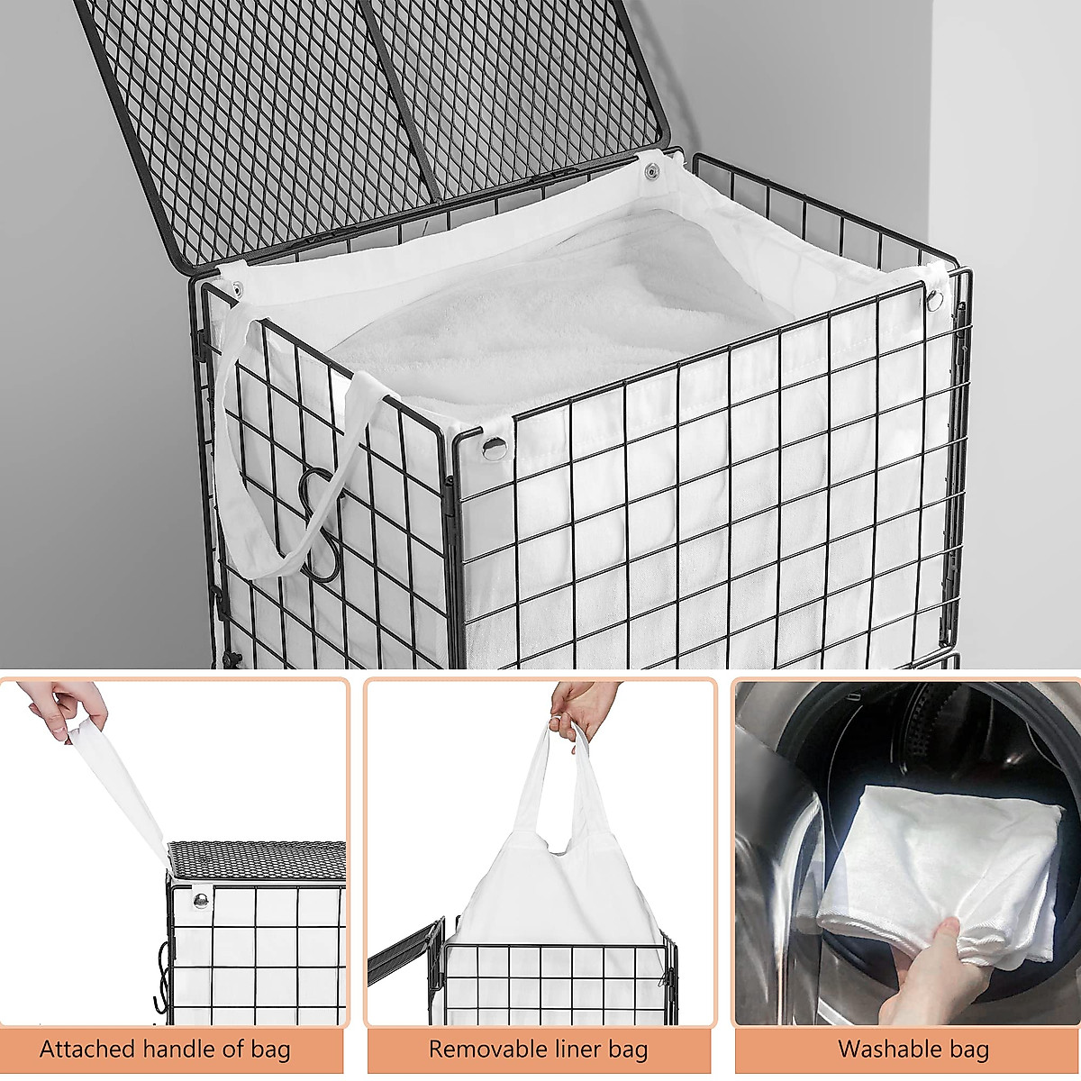 ELYKEN 2 Pack Laundry Hamper with Lid and Wheel, Rolling Metal Wire Frame Dirty Clothes Basket for Small Bathroom, 61L Capacity Liner Bag with Handle, Heavy Duty Steel Cover Bedroom Organizer White