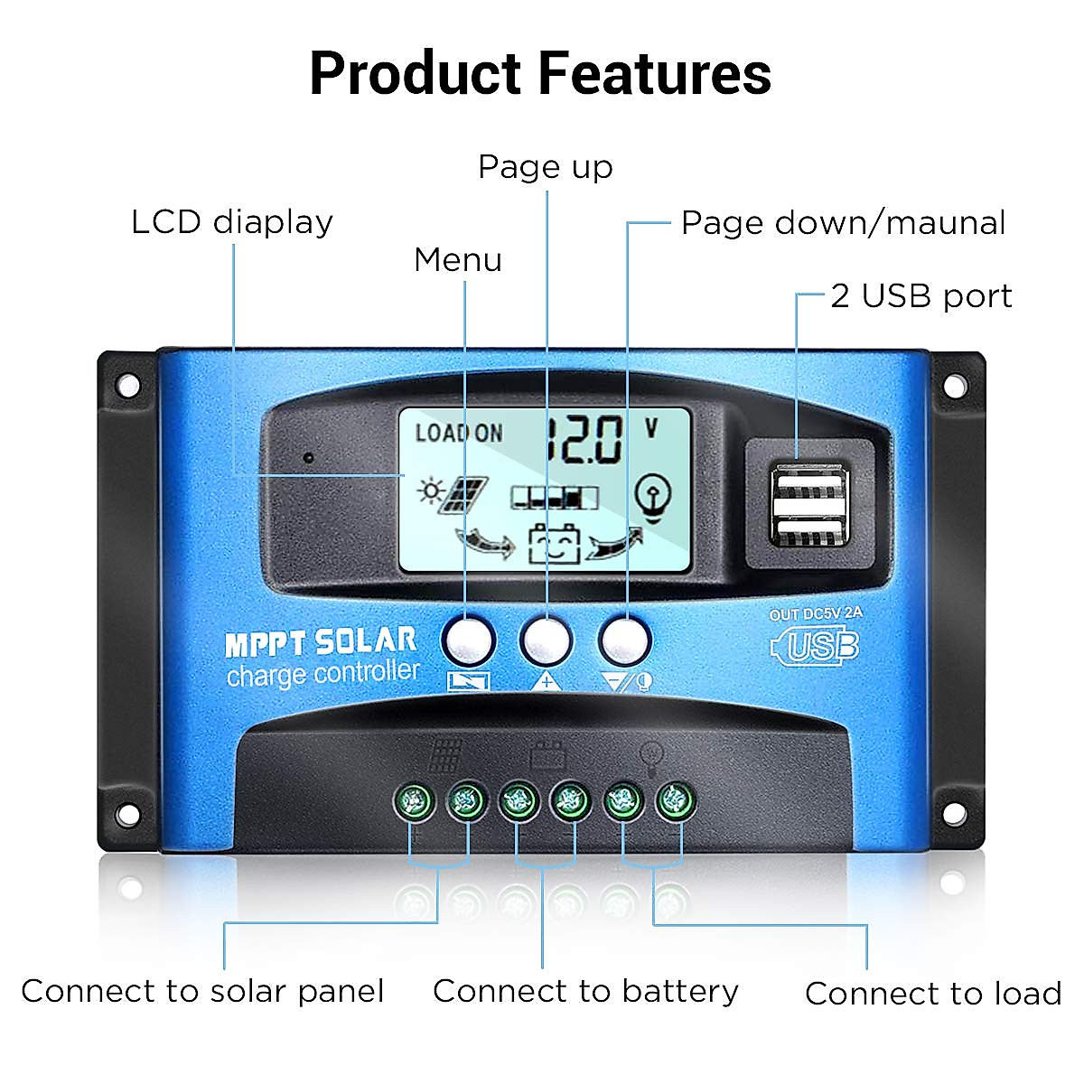 iSunergy MPPT Solar Charge Controller 100A 12V/24V Auto Solar Panel Intelligent Regulator with Dual USB Port LCD Display for Lead Acid Batteries