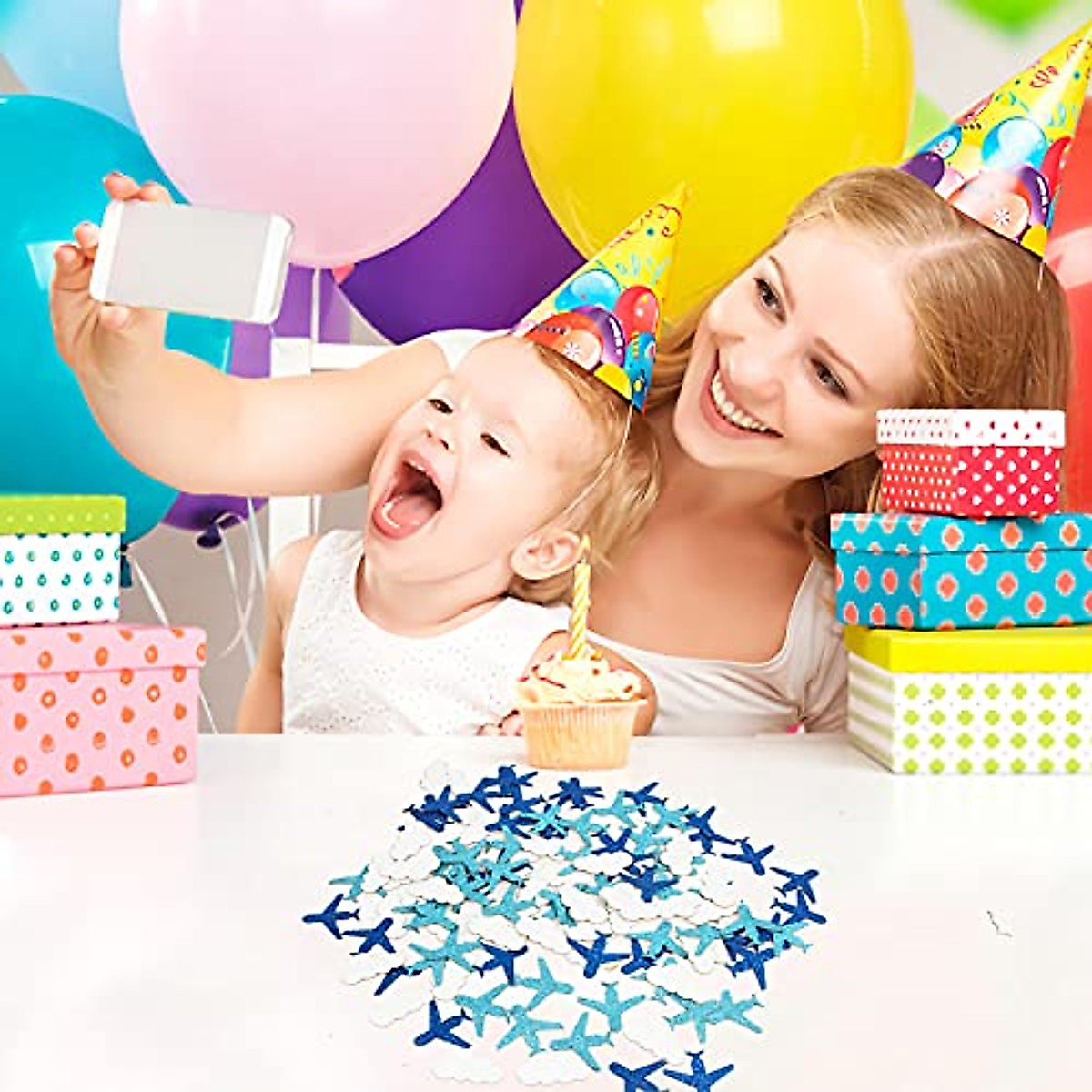 100pcs Glitter Cloud & Airplane Confetti, Plane Table Confetti, Baby Shower Party Decor, Boy Birthday Party Decorations, Clould Paper Scatter - Blue & White