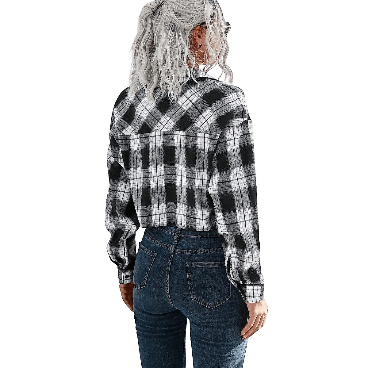 SweatyRocks Women's Cute Color Block Long Sleeve Crop Tops Plaid Button Down Blouse White Black Plaid L