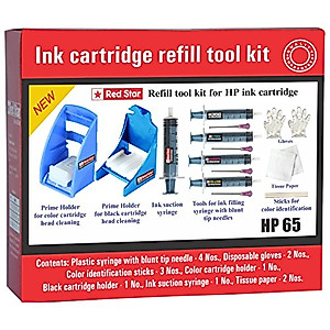 Red Star Ink Cartridge Refill Tool kit for hp 63 62 61 60 64 65 67 & 901 Black and Color Ink Cartridge ( Tools for Ink Filling, Nozzle Cleaning, Ink Suction Priming Holder Clip & Instructions )