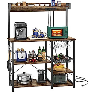 Topfurny Bakers Rack with Power Outlet, Microwave Stand, Kitchen Storage Shelf with Wire Basket, Coffee Bar Station with Wine Glass Holder, Kitchen Rack for Spices, Pots, and Pans, Rustic Brown
