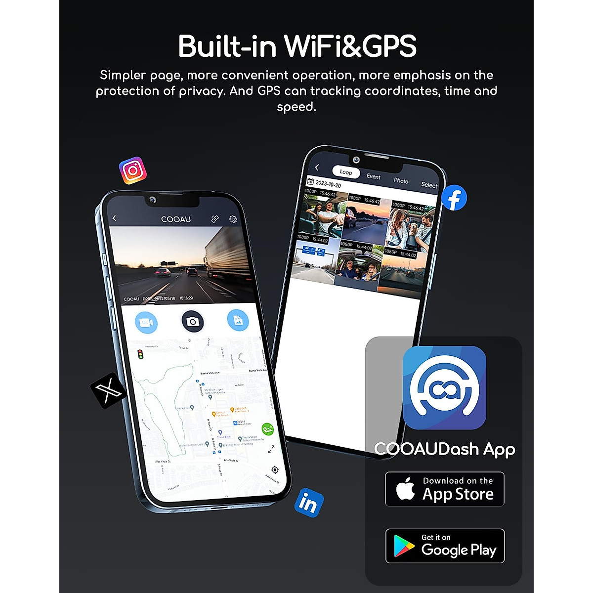 COOAU Dual Dash Cam 2.5K+1080P, Dash Cam Front and Inside, Built-in GPS and WiFi, Dash Camera for Cars, Perfect for Uber and Taxi Drivers, Night Vision, Accident Record, 24Hr Parking Mode