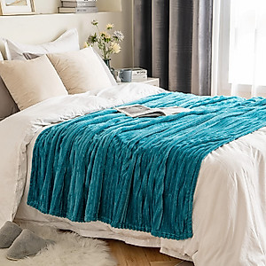 MIULEE Fleece Throw Blanket for Couch 300GSM Super Soft Lightweight Plush Striped Blanket, Teal Blue Warm Cozy Breathable Ribbed Blanket for Bed/Sofa, Throw Size 50"x60", Turquoise