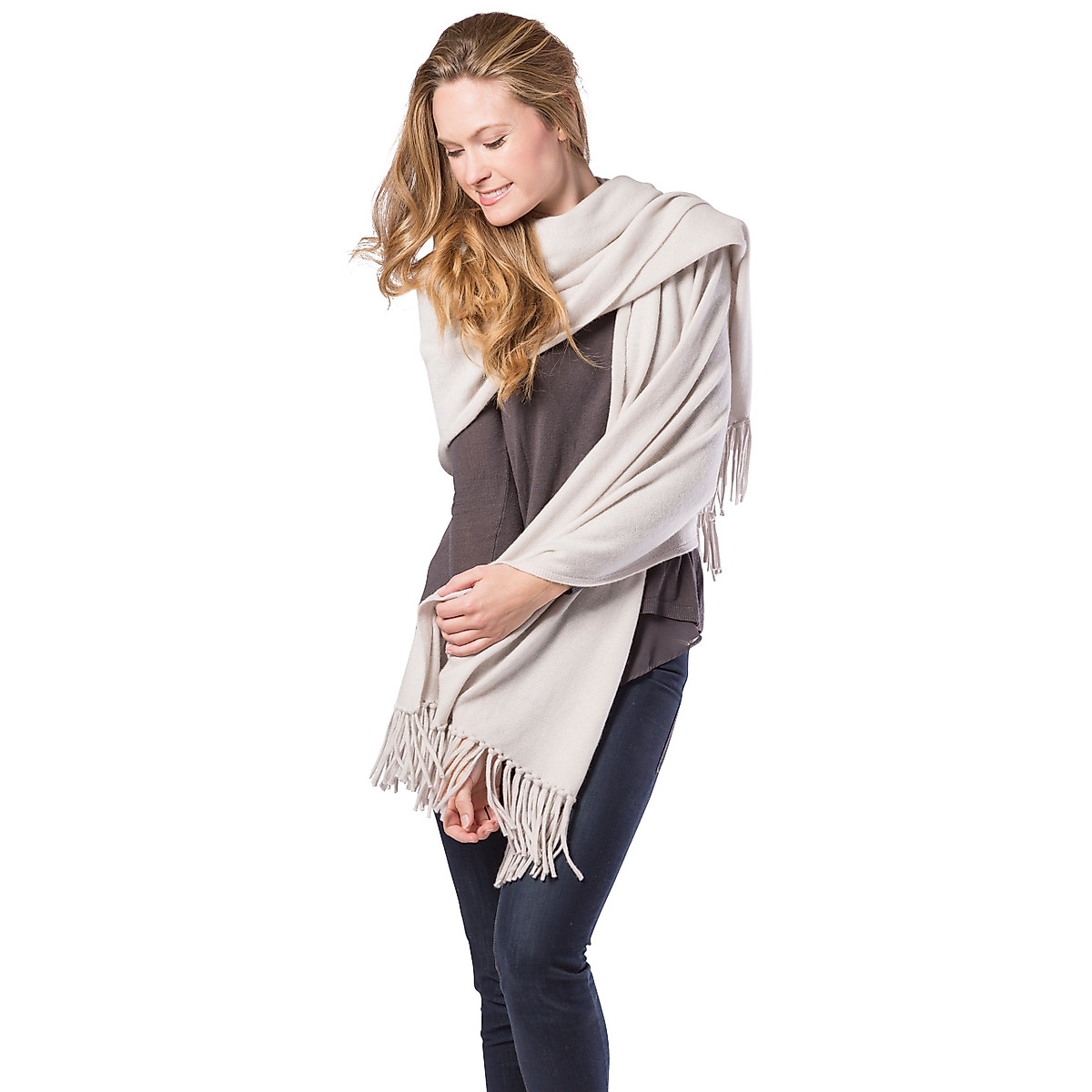 Fishers Finery Women's 100% Cashmere Knit Wrap Shawl (Stone)