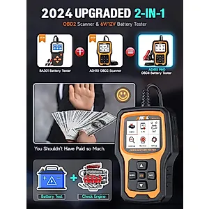 ANCEL AD410 Pro+ 2 in 1 OBD2 Scanner Battery Tester, OBD2 Scanner Diagnostic Tool for Car Check Engine Code Reader Scan Tool & 6V 12V 100-2000 CCA Battery Charging Cranking Test EVAP Live Data