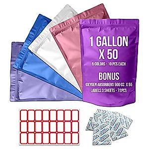 50pcs Large 1 Gallon Mylar Bags for Long Term Food Storage 10" x 14" 11 Mil - Ziplock Standup Heat Sealable with 500cc Oxygen Absorbers - 5 Colors
