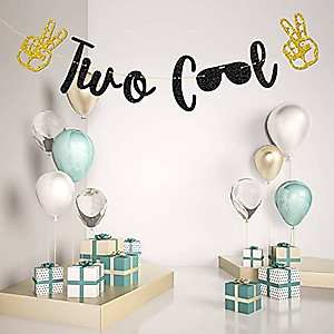 Talorine Two Cool Birthday Banner, Boy's 2nd Birthday, Sunglasses Sign, 2 Years Old Party Decorations Supplies, Black Glitter