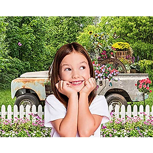 Ticuenicoa 7×5ft Spring Truck Garden Backdrop Secret Garden Grassland Fence Floral Background for Photography Birthday Newborn Party Banner Wall Decorations Photo Props