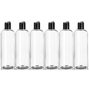 ljdeals 16 oz Clear Plastic Empty Bottles with Black Disc Top Caps, Squeezable Refillable Containers for Shampoo, Lotions, Cream and more Pack of 6, BPA Free, Made in USA