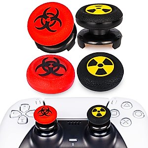 Playrealm FPS Thumbstick Extender x 2 & Printing Rubber Silicone Grip Cover x 4 for PS5 & PS4 Controller (Radiation Black & BioH Red)