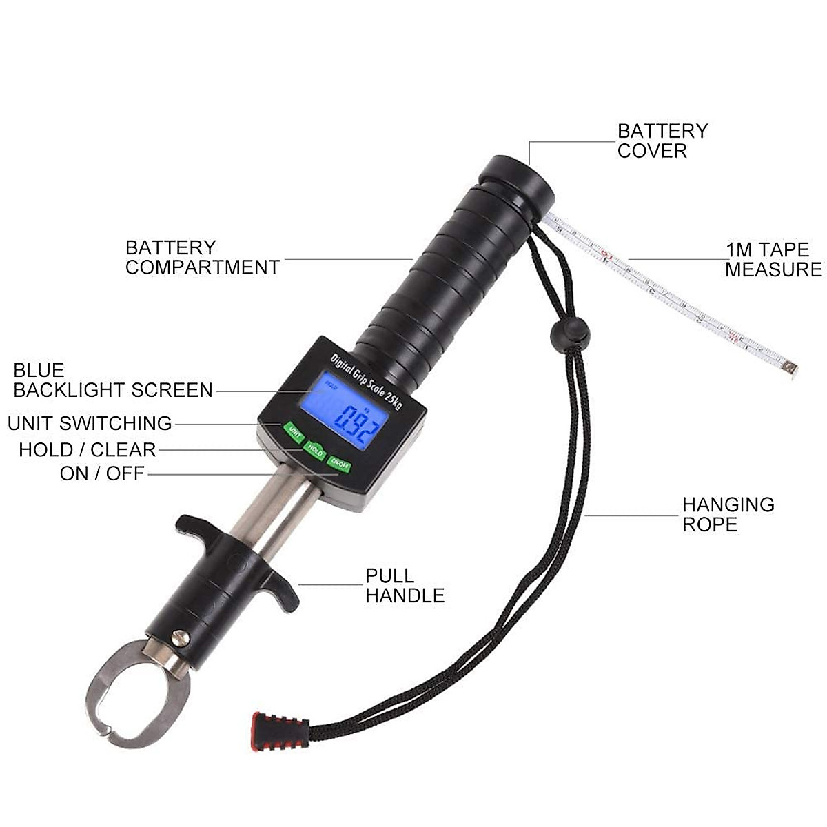 25kg/55lb Muti-Function 3-in-1 Fish Lip Fish Lip Grabber with Digital Weight Scale & 1m Tape Measure for Fly Fishing Tool, Fishing Gear, Fishing Gifts for Men