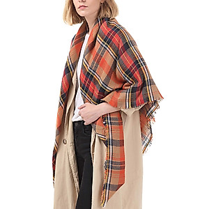 Trendy Women's Cozy Warm Winter Fall Blanket Scarf Stylish Soft Chunky Checked Giant Scarves Shawl Cape Orange